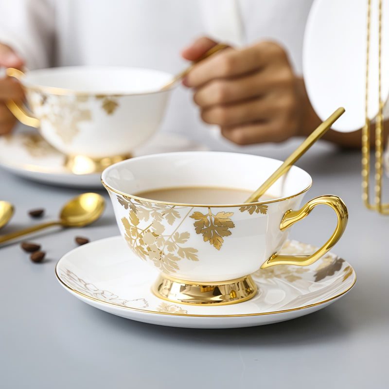 Gold Maple Leaf Bone China Tea Cup & Saucer Set With Gold Handle