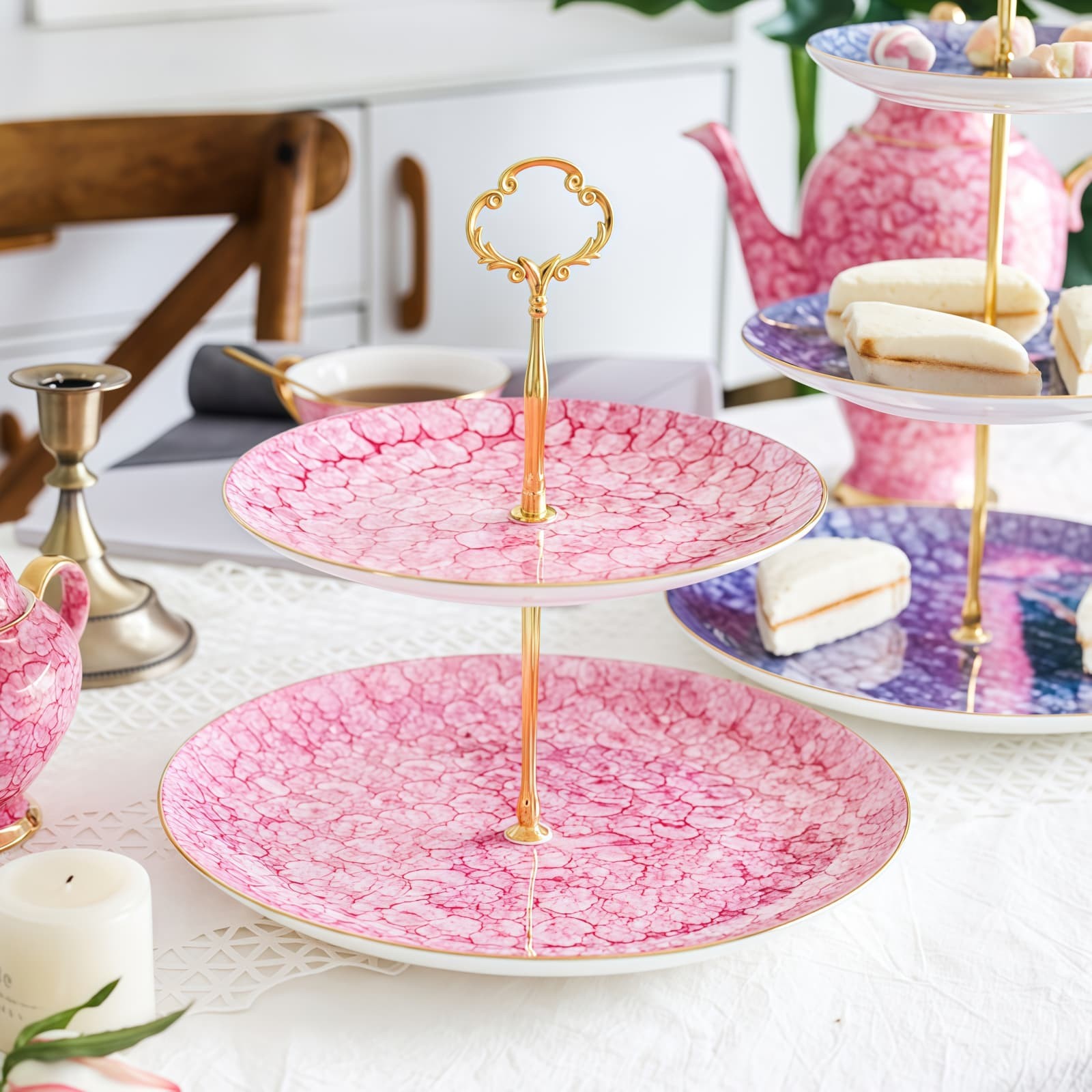 Gem-like Bone China Tiered Cake Stand With Gold Rods