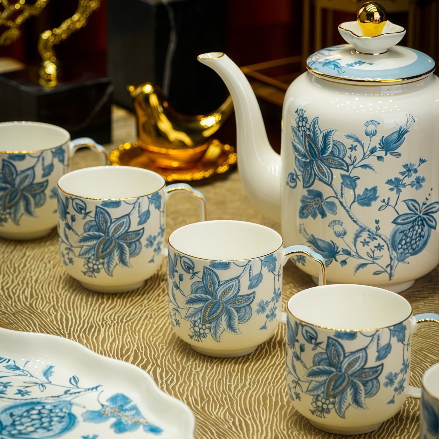 Blue & White Garnet-Flower Porcelain Tea Set With Tray