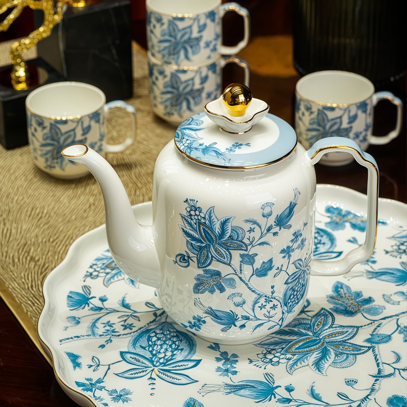 Blue & White Garnet-Flower Porcelain Tea Set With Tray