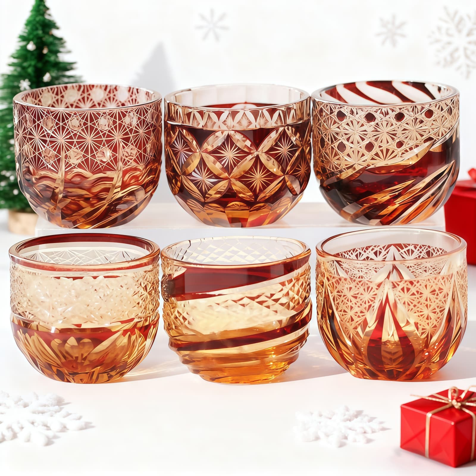 Edo Kiriko Handcrafted Red-Amber Crystal Sake Glass