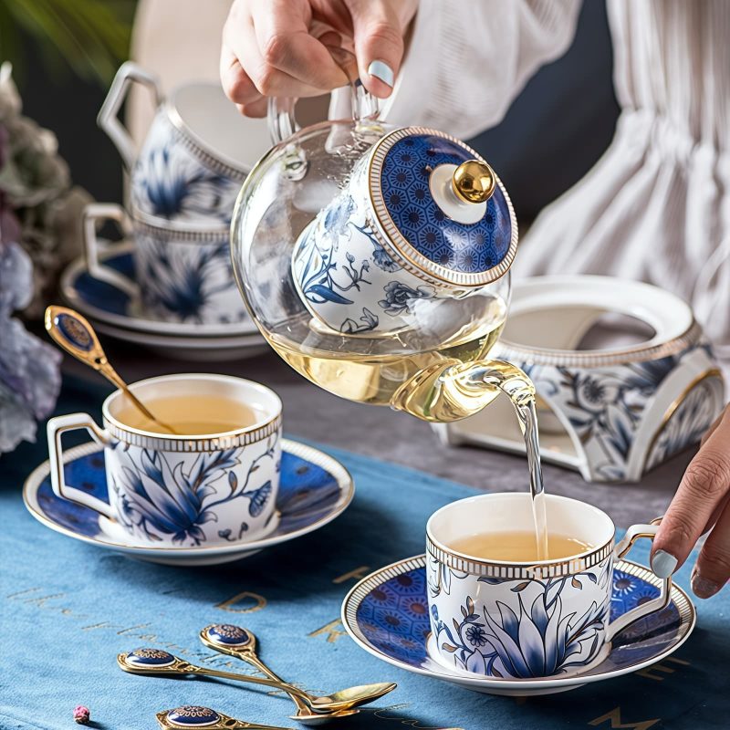 Blue White Yucca Flower Bone China Tea Set With Warmer
