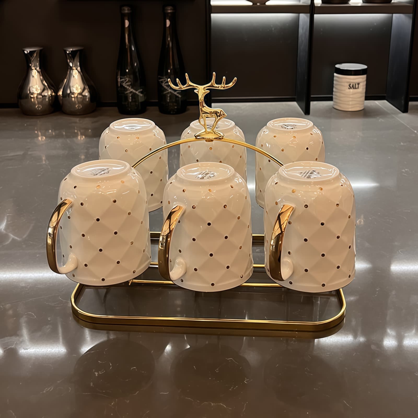 Gold Polka Dot Porcelain Tea Set With Deer Holder - Modern Luxury
