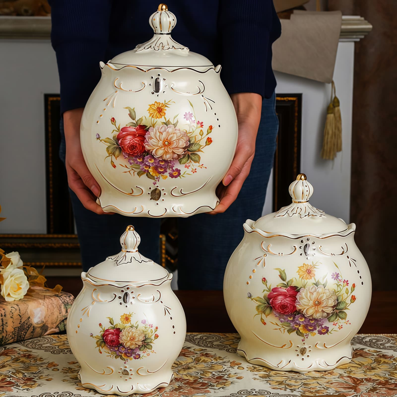 Vintage Hibiscus Ceramic Airtight Tea Caddy | European Loose Leaf Storage
