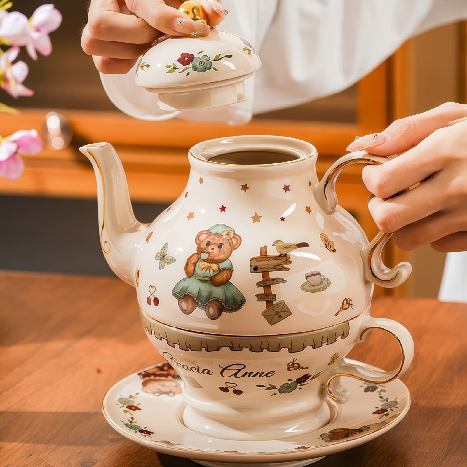 Bear Illustration Porcelain Tea For One Set | Whimsical Teapot & Cup