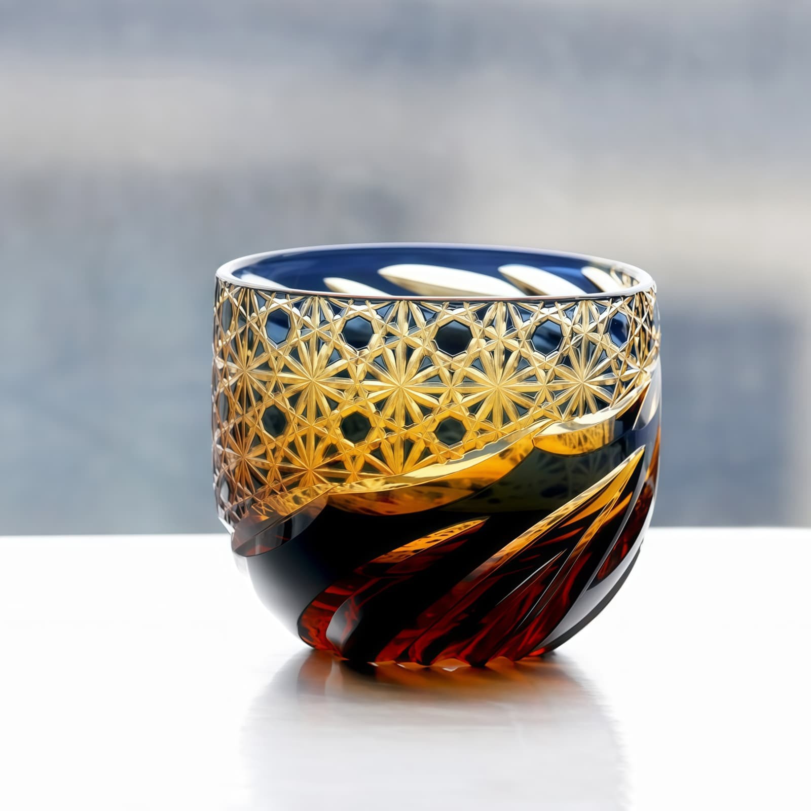 Edo Kiriko Blue-Amber Crystal Sake Glass | Handcrafted Japanese Glassware