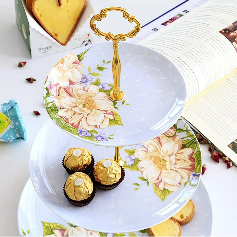 Flower Bone China 3-Tier Cake Stand With Silver Rods