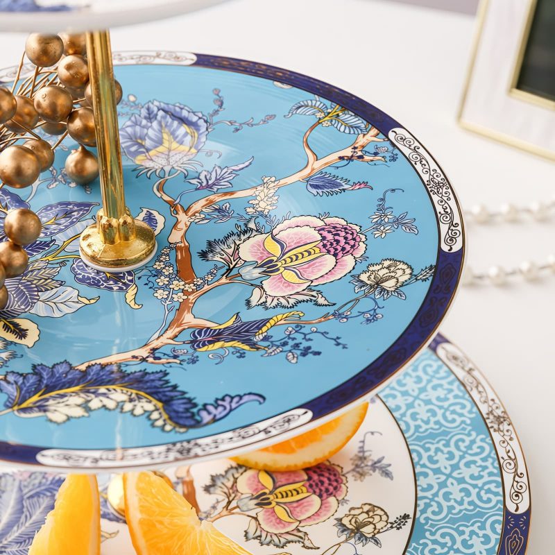 Blue Floral Bone China Cake Stand - Elegant Serving Tray