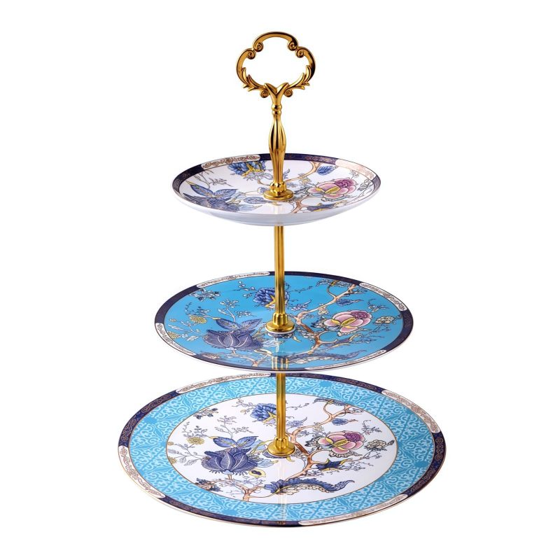 Blue Floral Bone China Cake Stand - Elegant Serving Tray