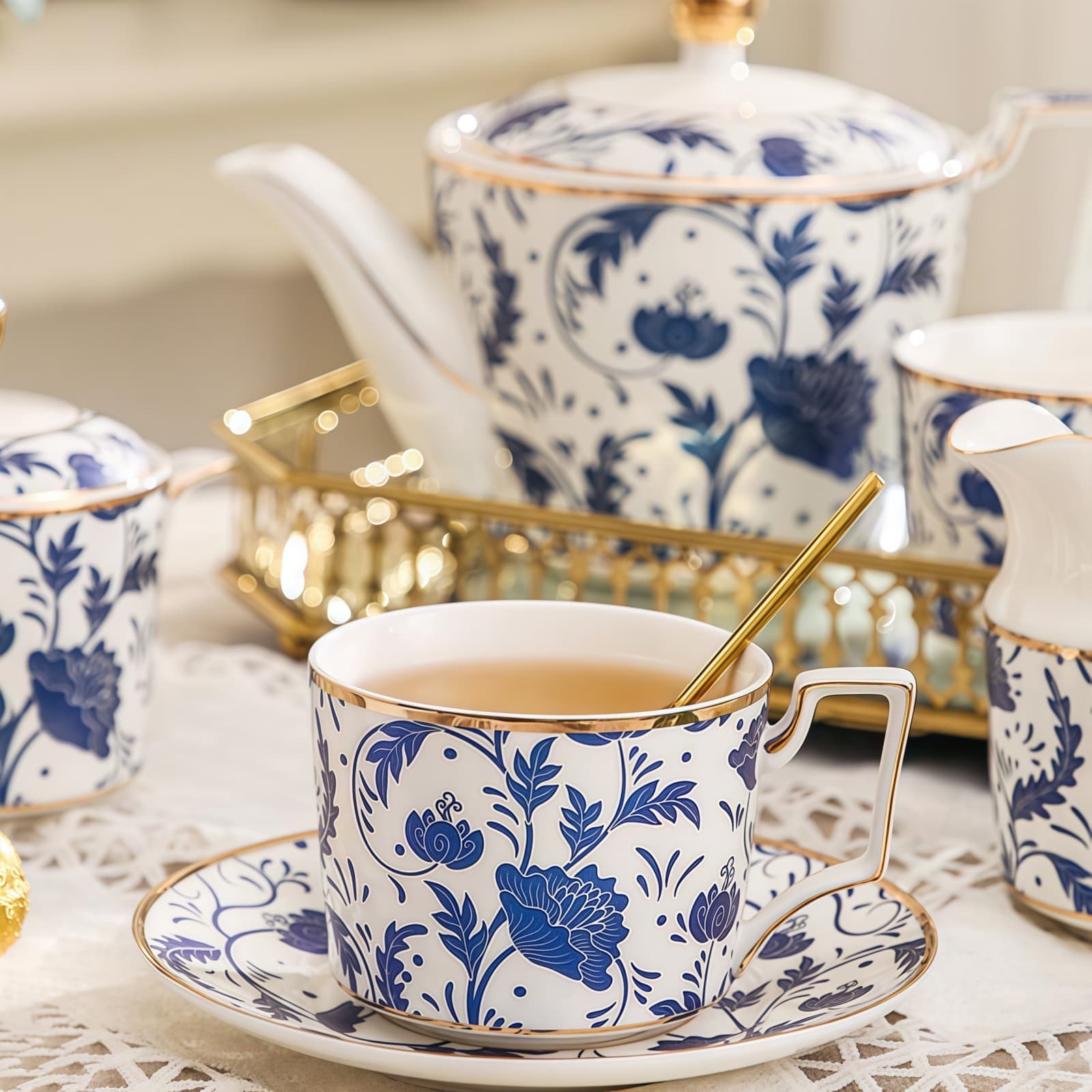 Blue & White Floral English Porcelain Tea Set With Gold Accents