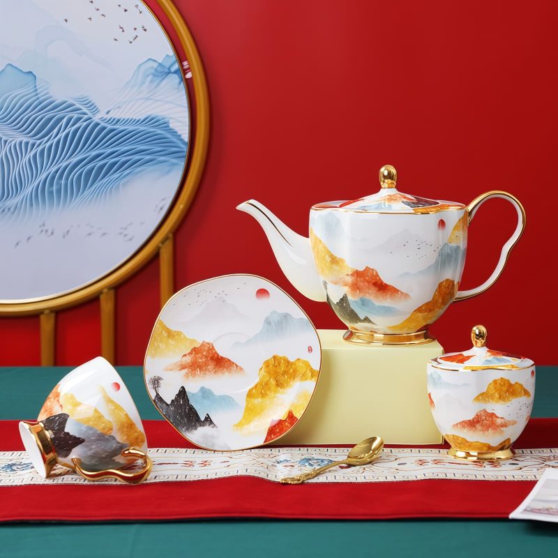 Mountain Landscape Bone China English Tea Set With Gold Accents