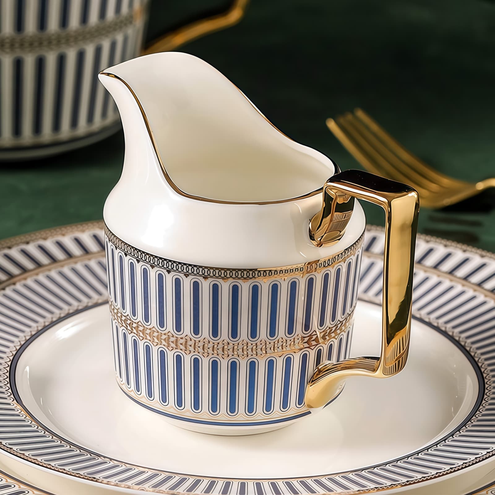 Blue & White Striped English Porcelain Tea Set With Gold Accents