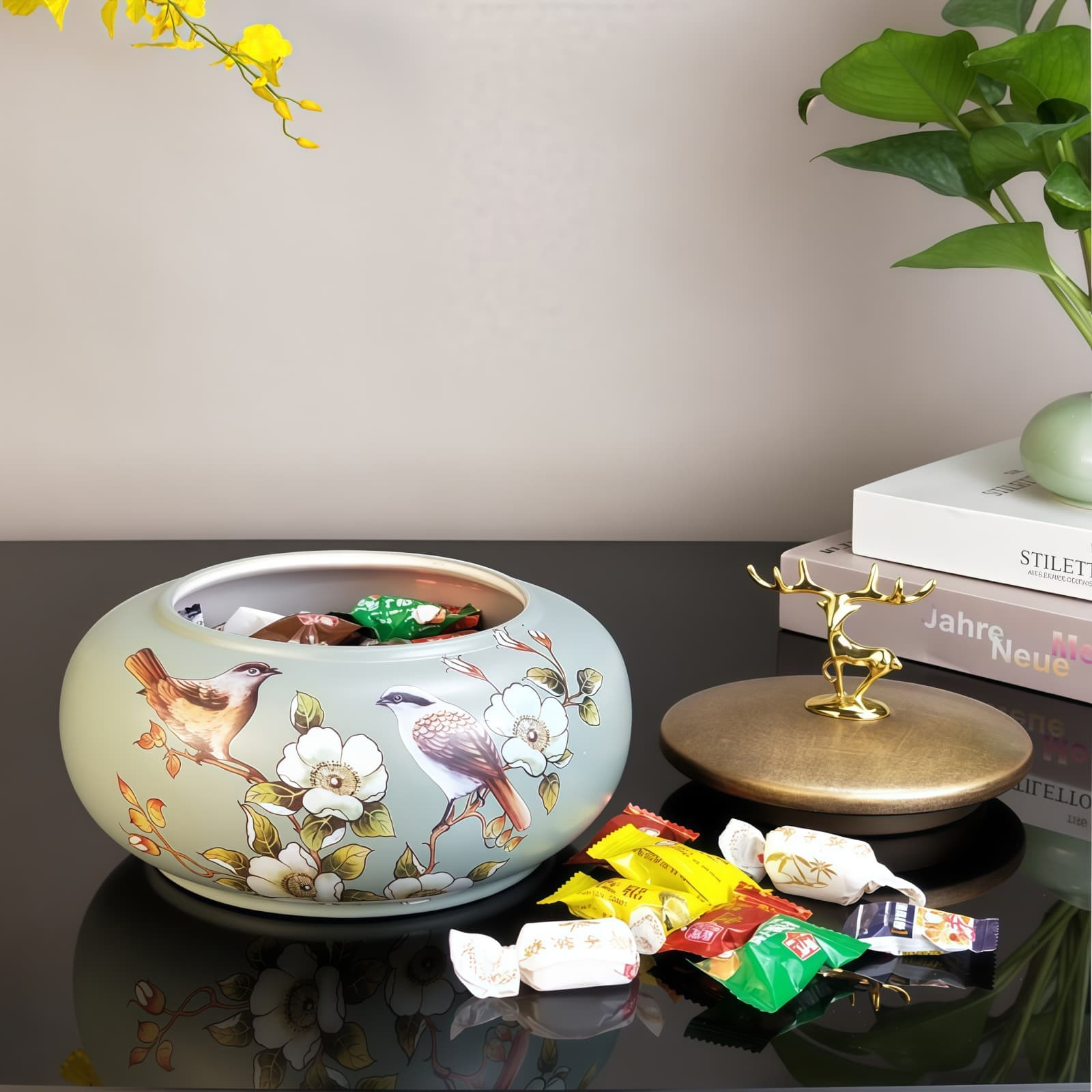 Green Bird & Flower Ceramic Tea Caddy - Decorative Loose Tea Tin
