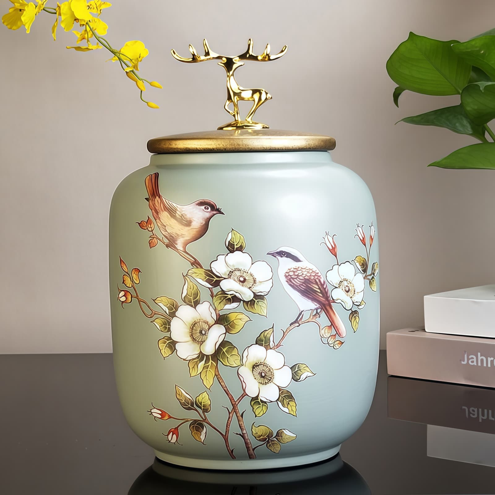 Green Bird & Flower Ceramic Tea Caddy - Decorative Loose Tea Tin