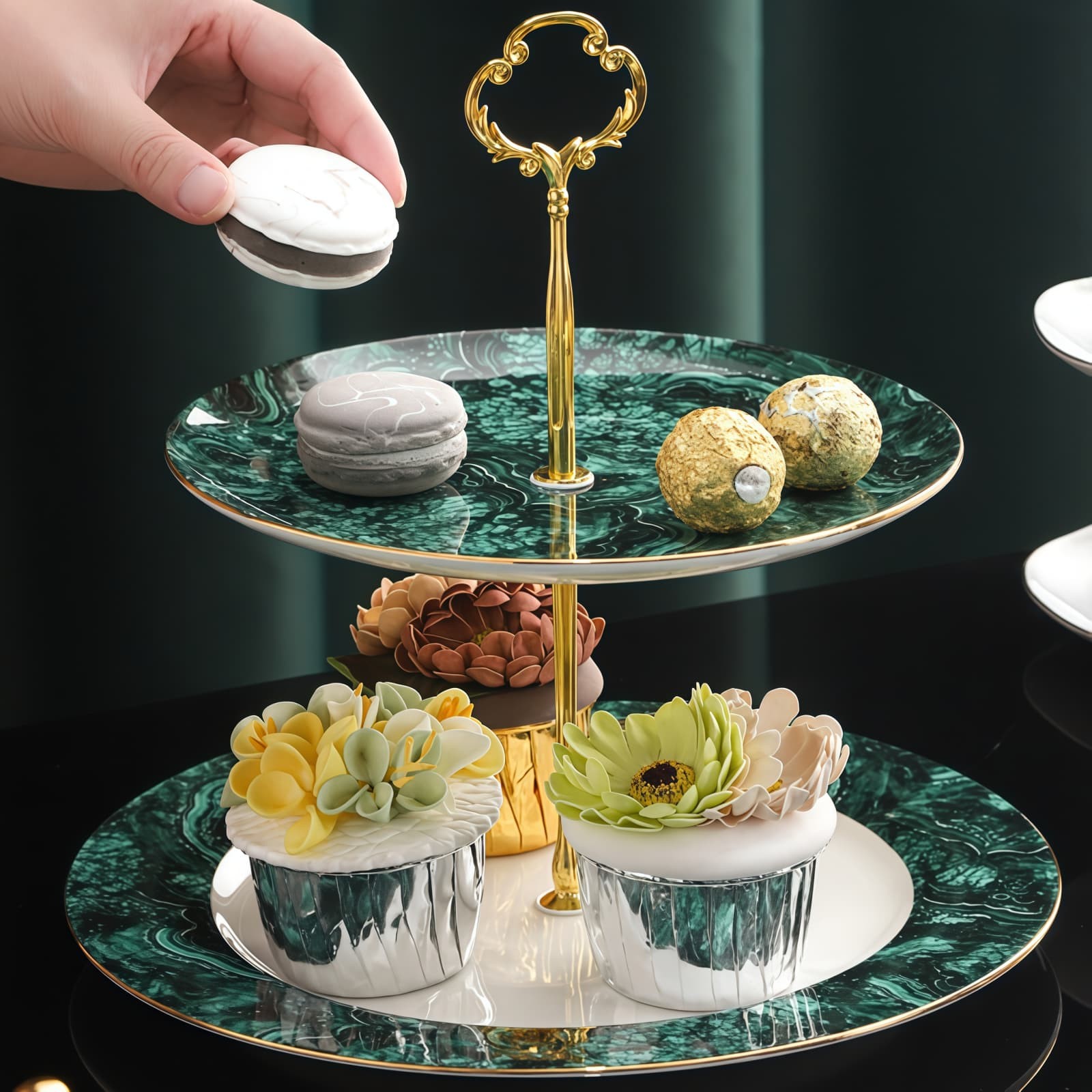Green Porcelain Tiered Cake Stand With Gold Rods | Elegant Dessert Display