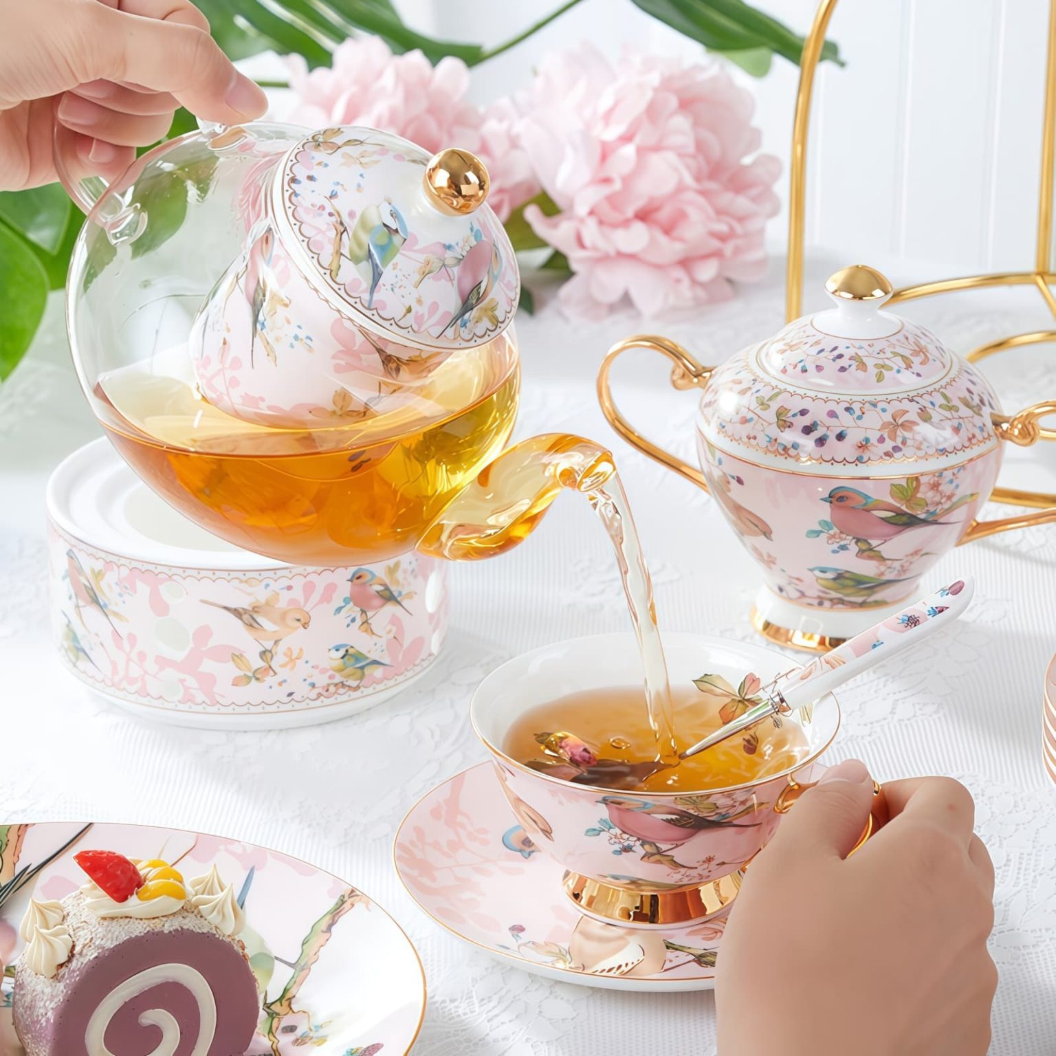Pink Bird British Tea Set - Bone China With Warmer | Elegant Afternoon Tea