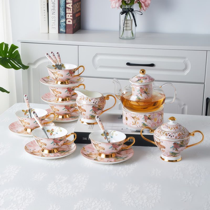 Pink Bird British Tea Set - Bone China With Warmer | Elegant Afternoon Tea