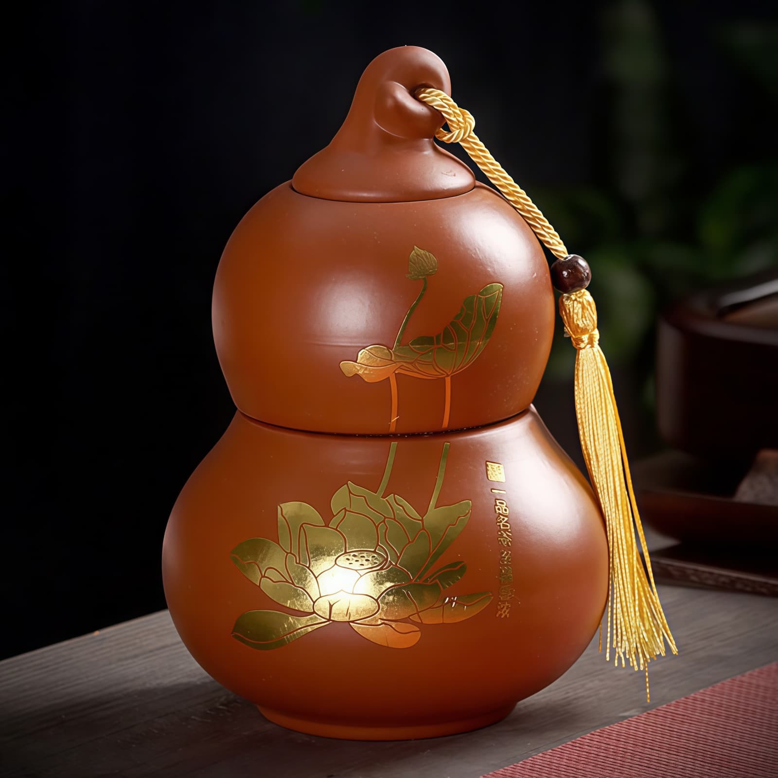 Gourd-shaped Zen Pattern Pottery Tea Caddy For Loose Tea Storage
