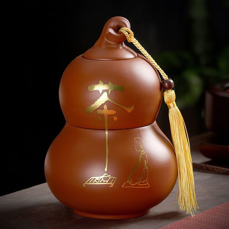 Gourd-shaped Zen Pattern Pottery Tea Caddy For Loose Tea Storage