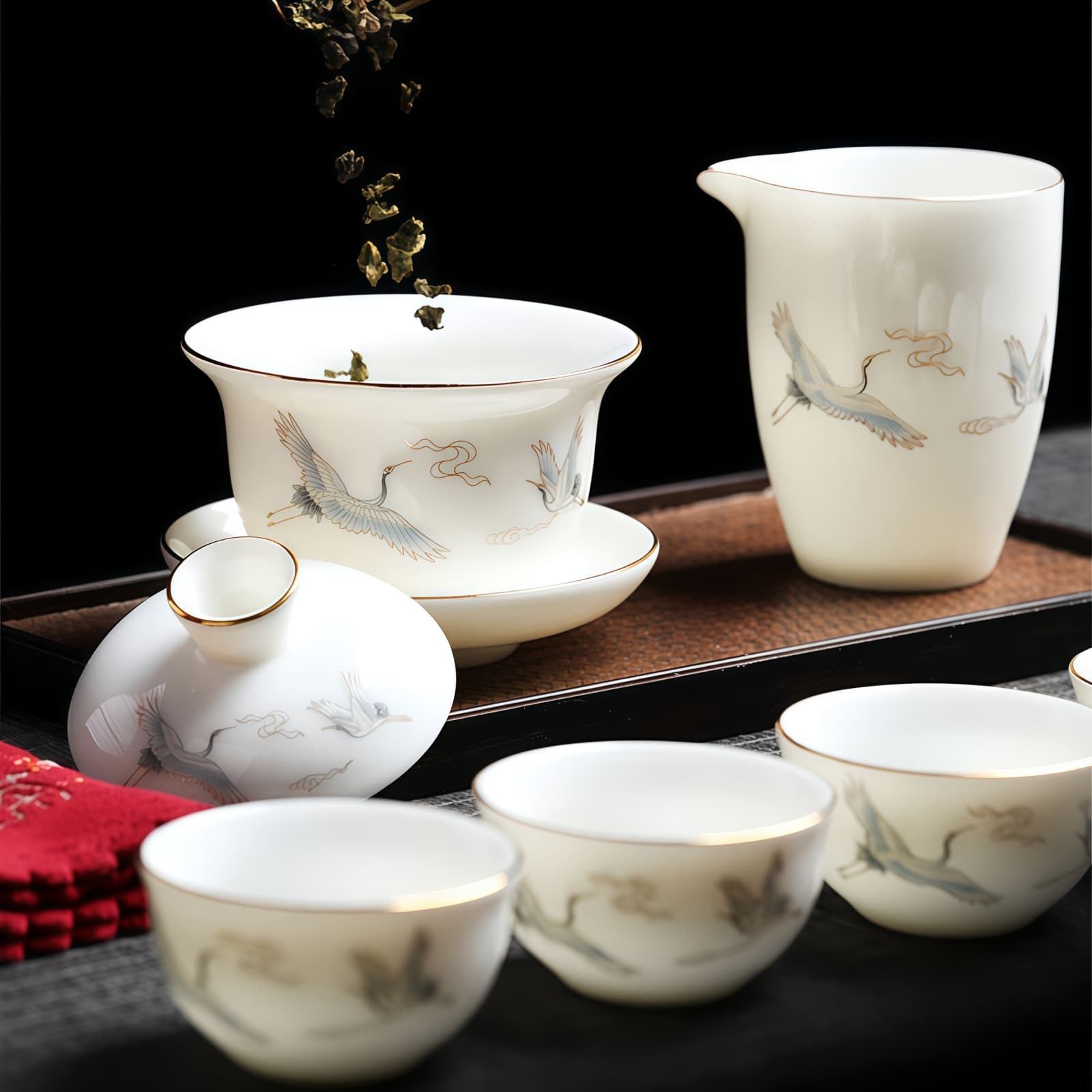 Crane Chinese Gaiwan Tea Set For Gongfu Cha - Authentic Ceramic Tea ...