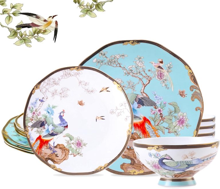 Blue Phoenix Bone China Dinnerware Set - Hand-Painted Gold Rims