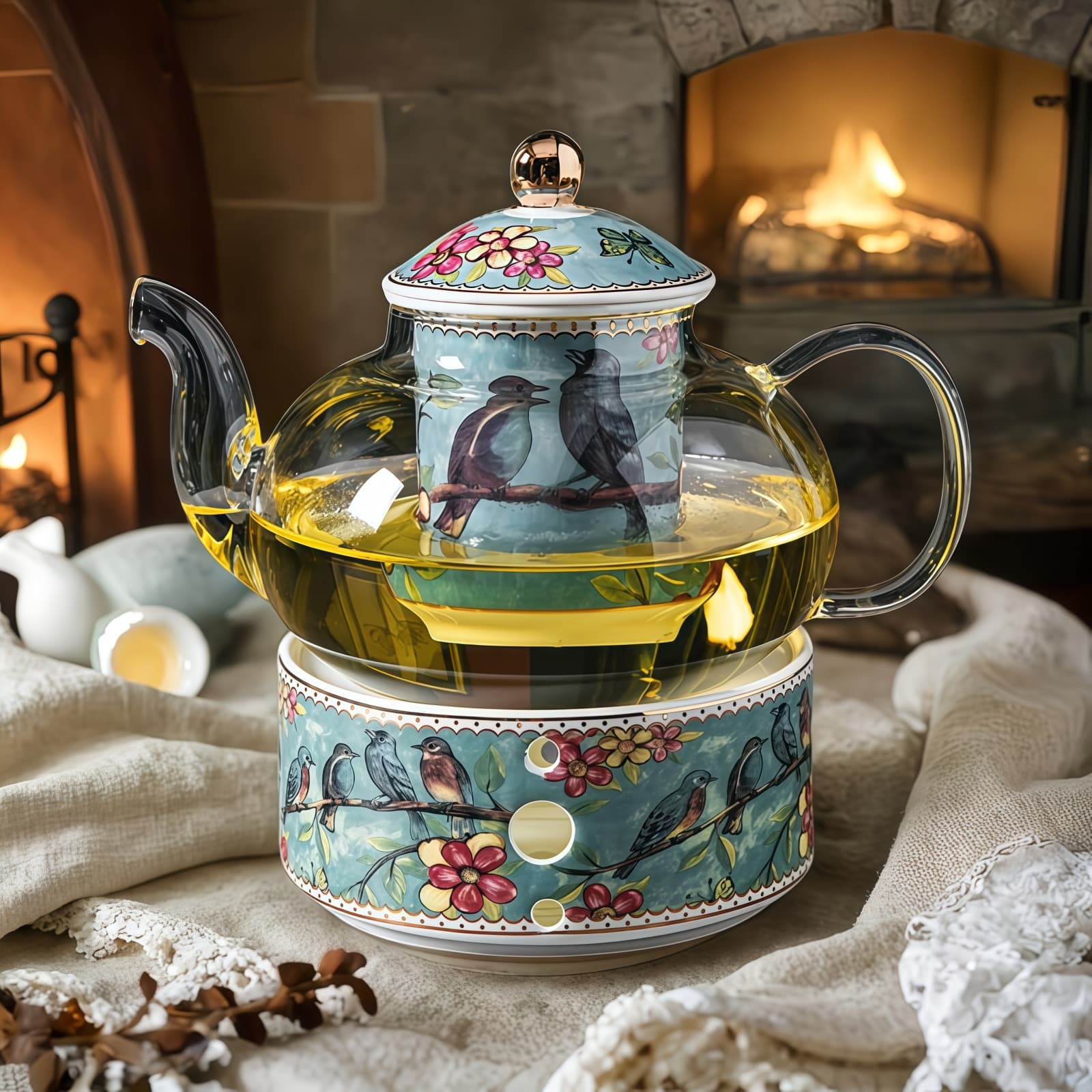 Blue Bird English Tea Set: Bone China With Warmer