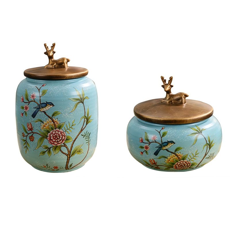 Green Floral Bird Ceramic Tea Caddy With Golden Deer Lid | Airtight ...