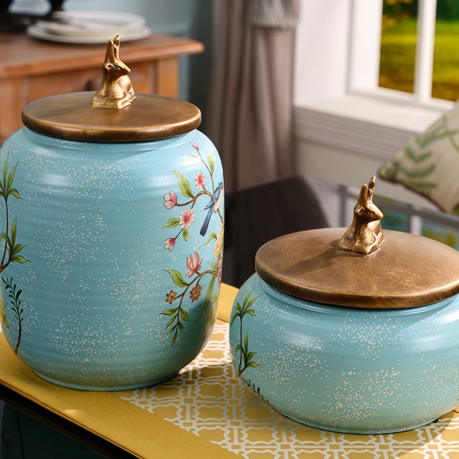 Green Floral Bird Ceramic Tea Caddy With Golden Deer Lid | Airtight ...