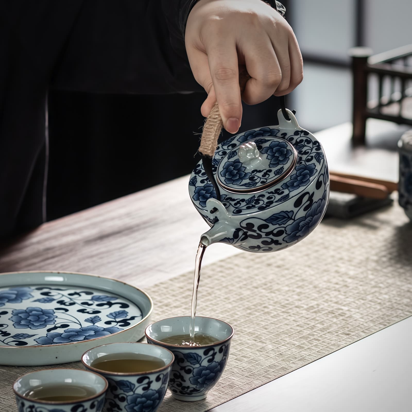 Blue & White Japanese Traditional Ceramic Tea Set With Tray