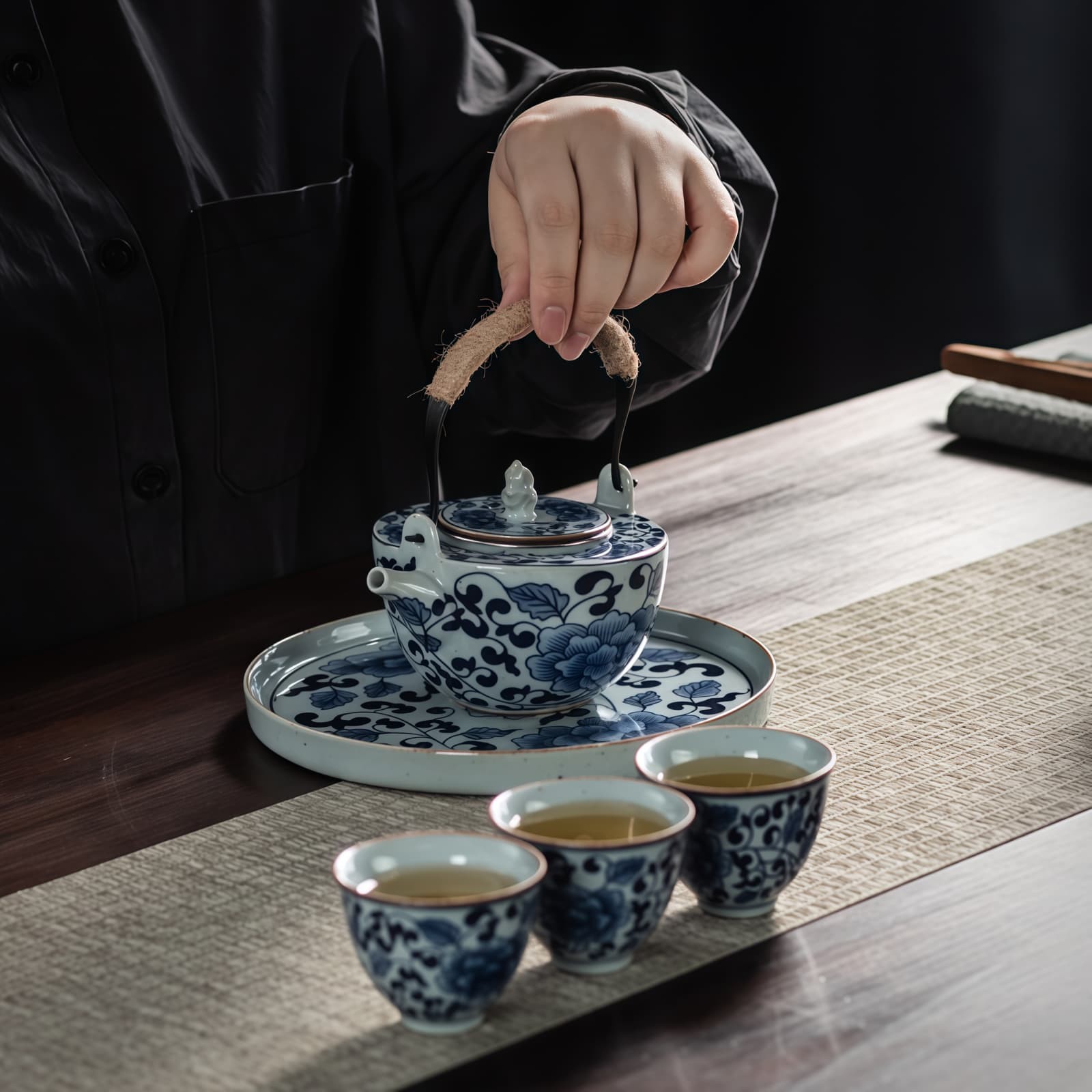 Blue & White Japanese Traditional Ceramic Tea Set With Tray