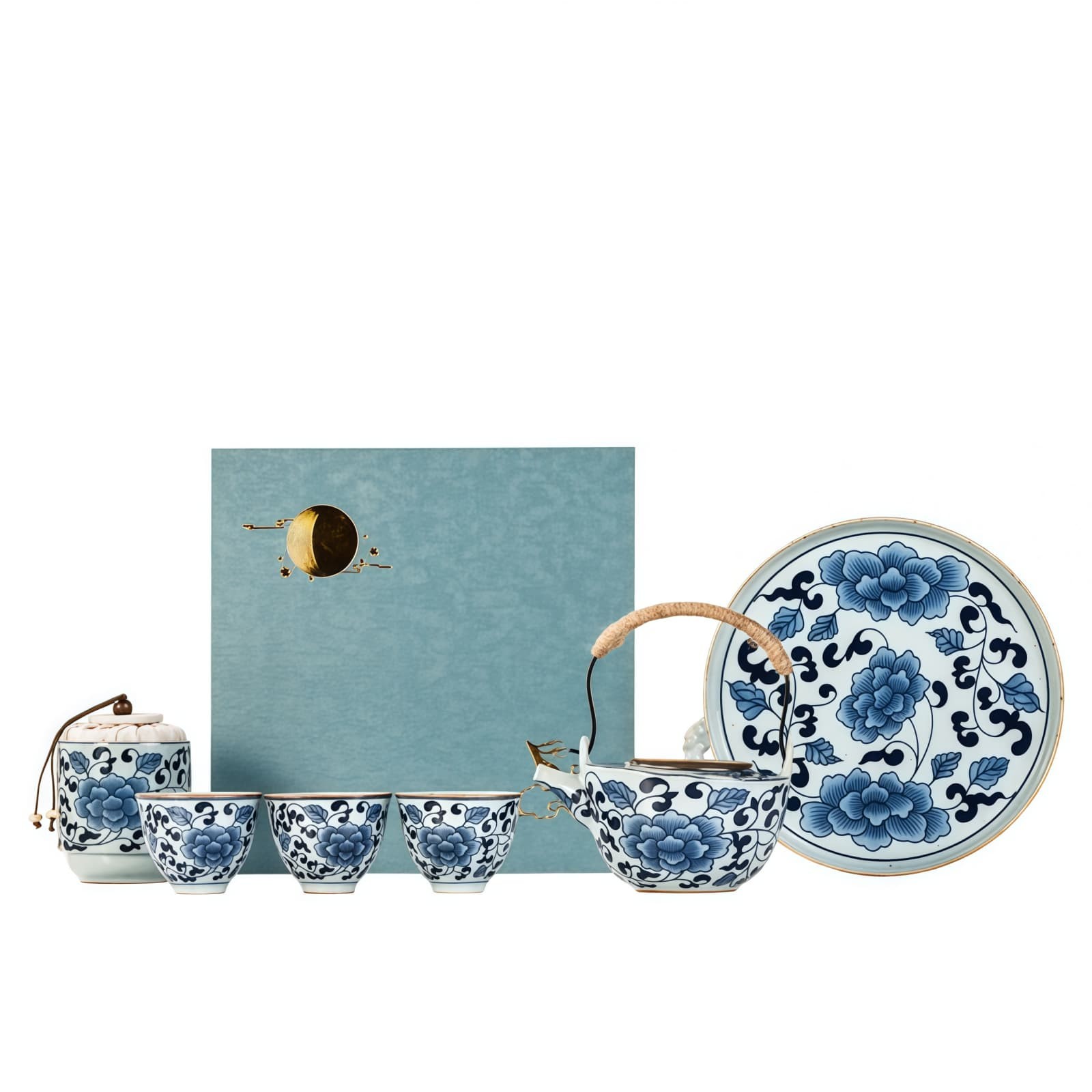 Blue & White Japanese Traditional Ceramic Tea Set With Tray