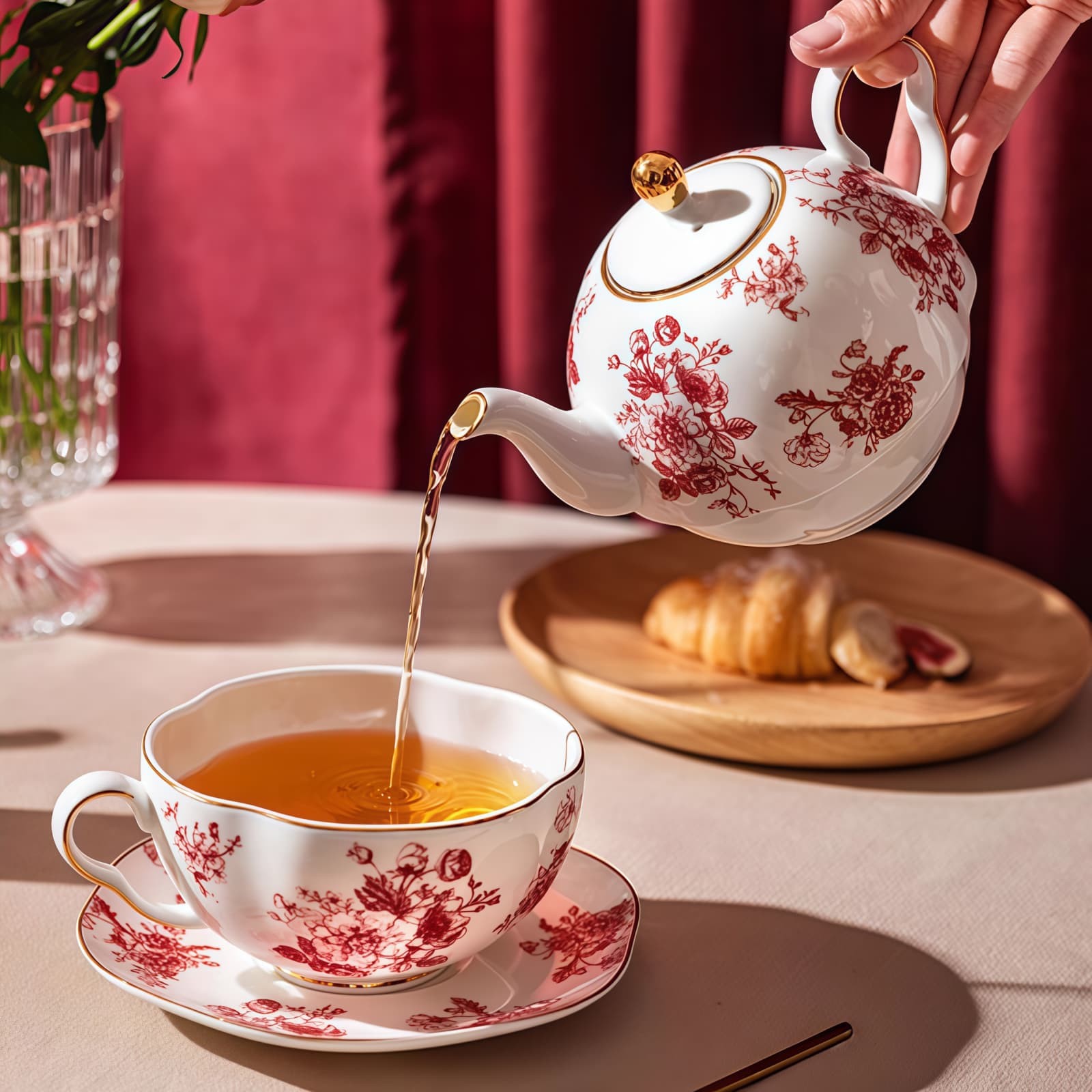 Red Rose Porcelain Tea Set For One With Gold Embellishments