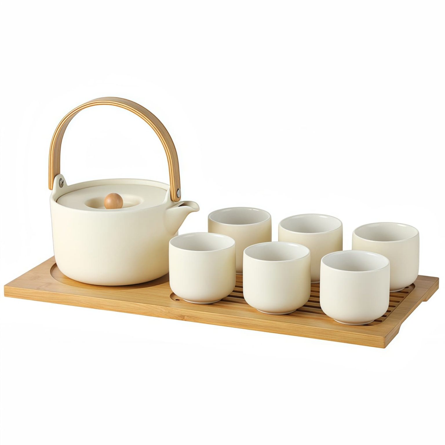 Cream Modern Japanese Ceramic Tea Set With Lifting Handle & Tray