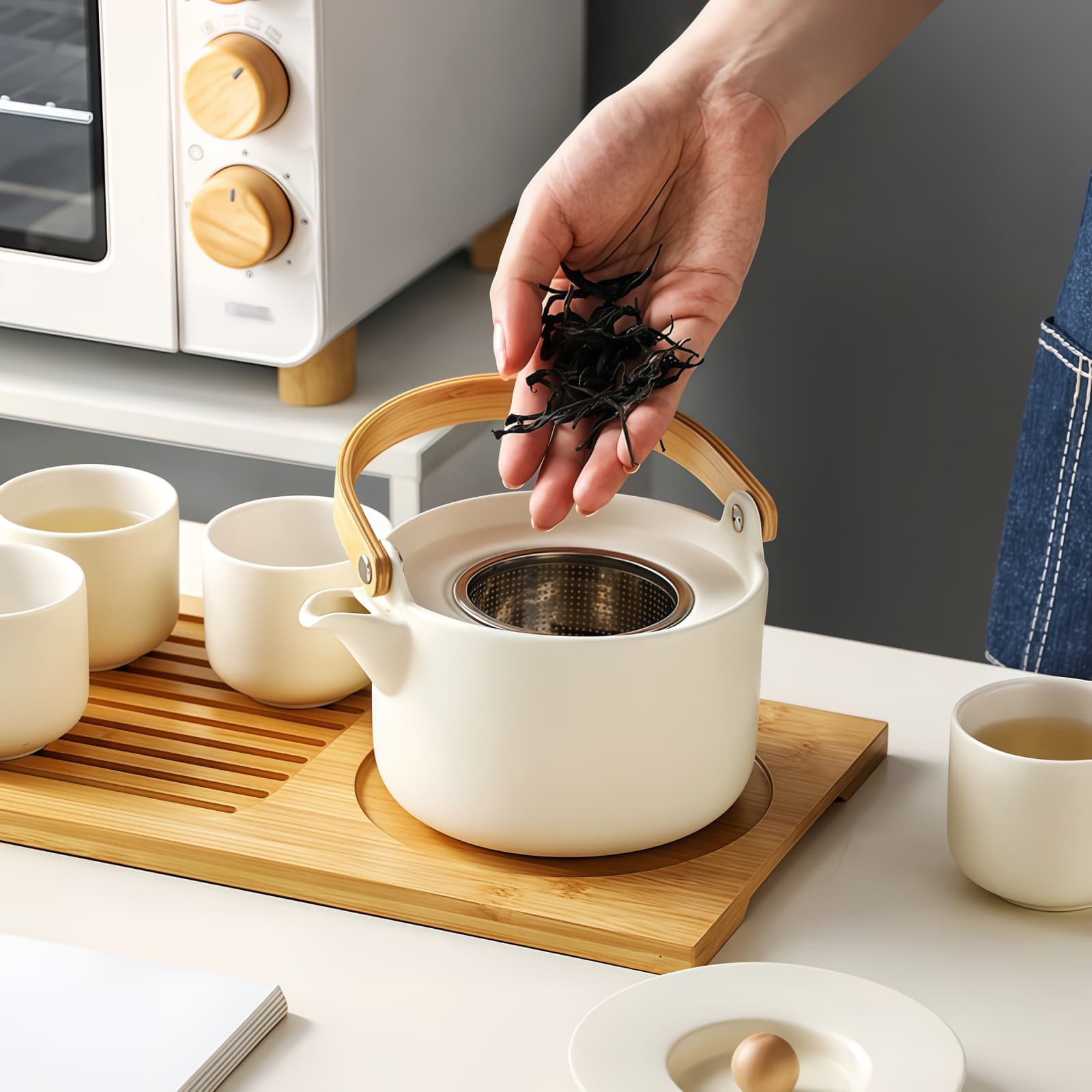 Cream Modern Japanese Ceramic Tea Set With Lifting Handle & Tray
