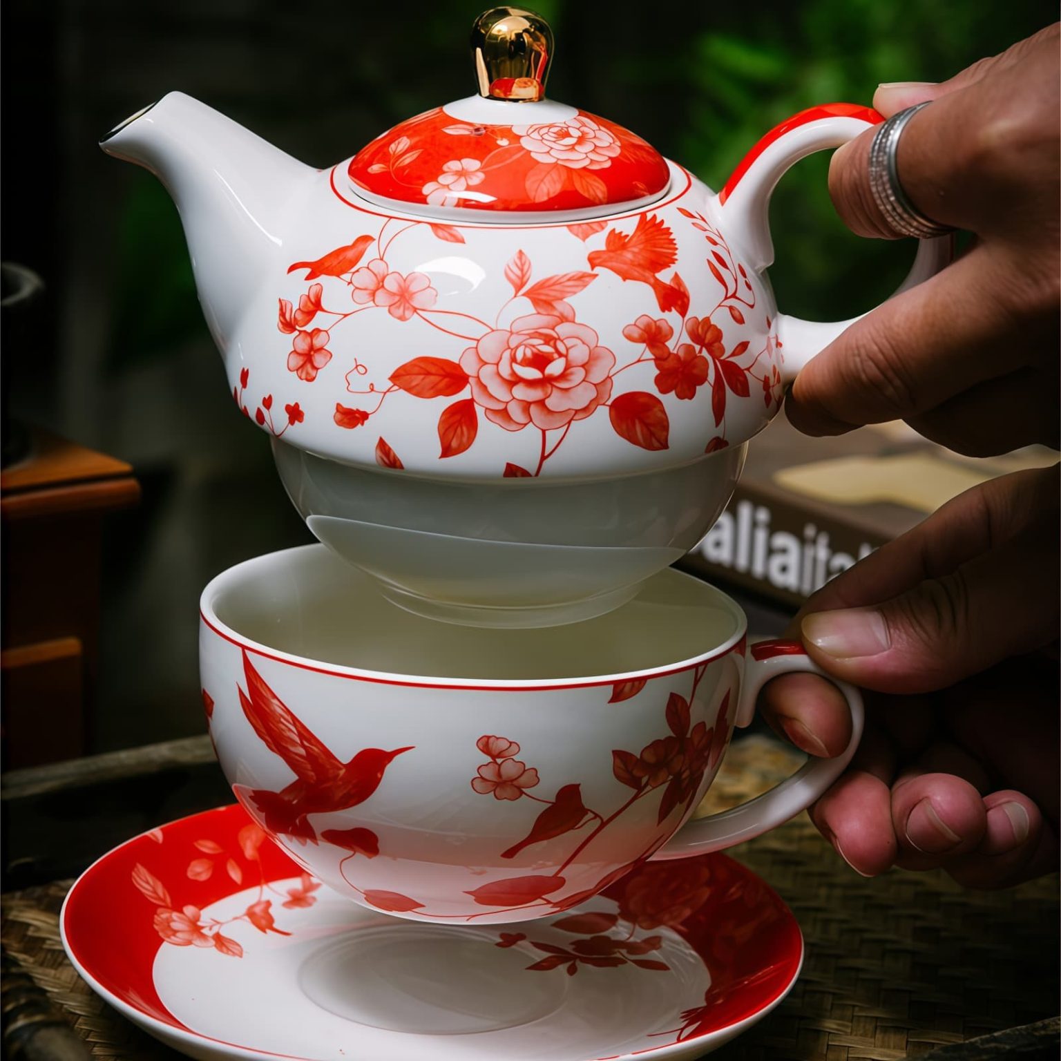Juego De Té Individual De Porcelana Peonía Roja Con Pomo Dorado