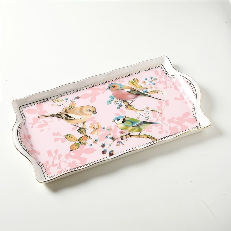 Pink Bird Floral Bone China Tea Tray - Elegant Serving