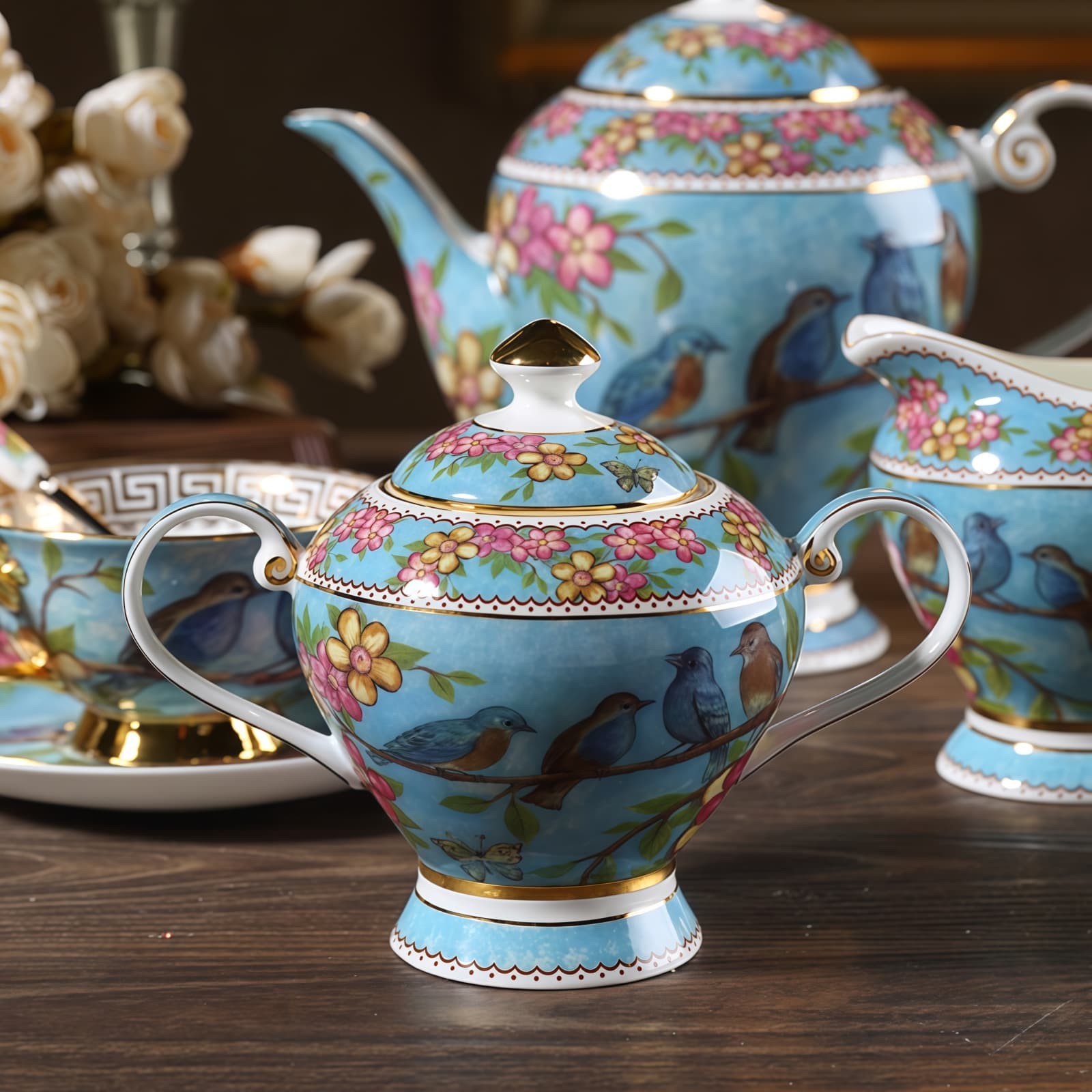 Blue Bird Flower Bone China Coffee Set - English Style Tea Set